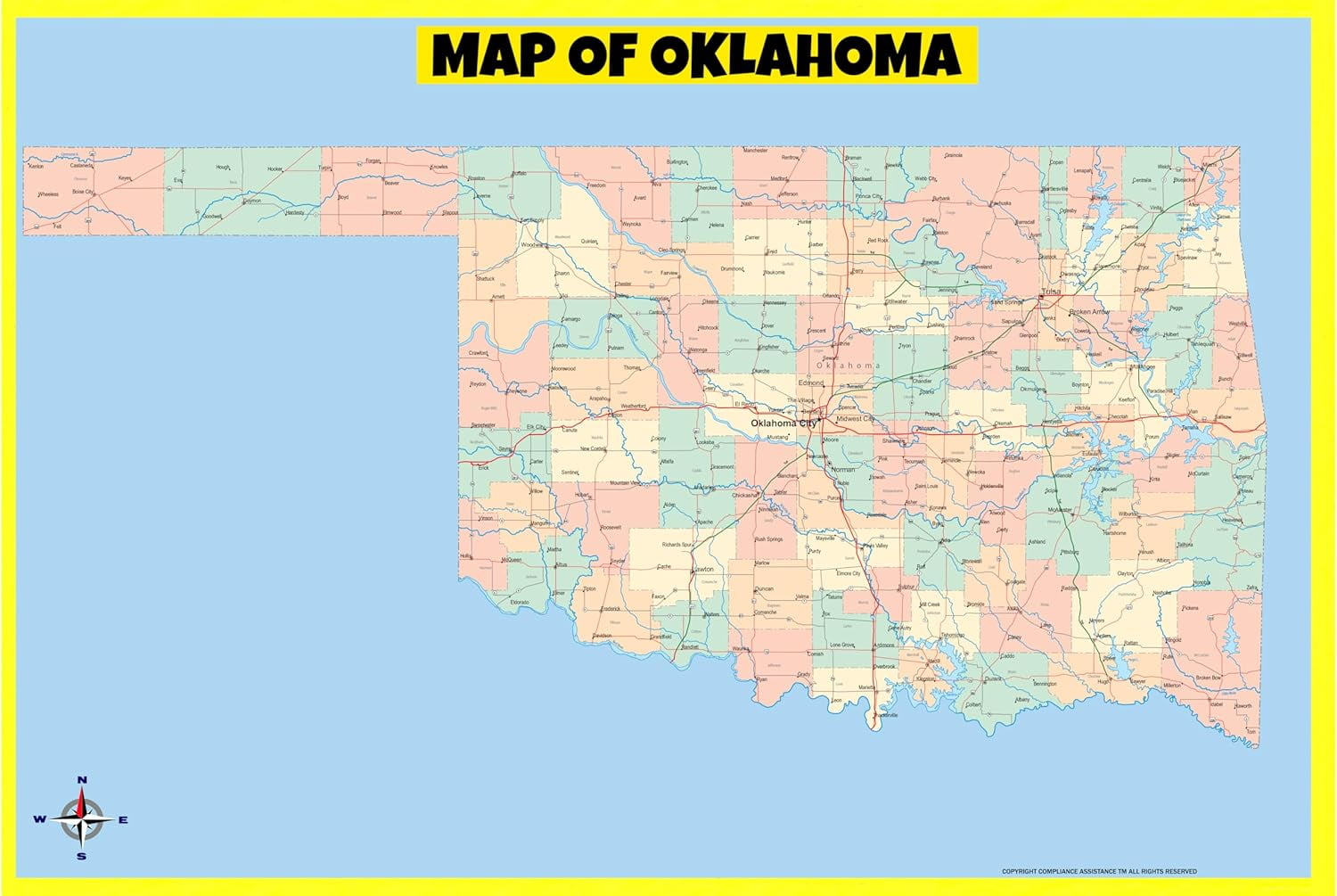 Oklahoma Map Poster - Laminated Wall Map - Style C - 24x36 - Ideal for Classrooms and Homes ...