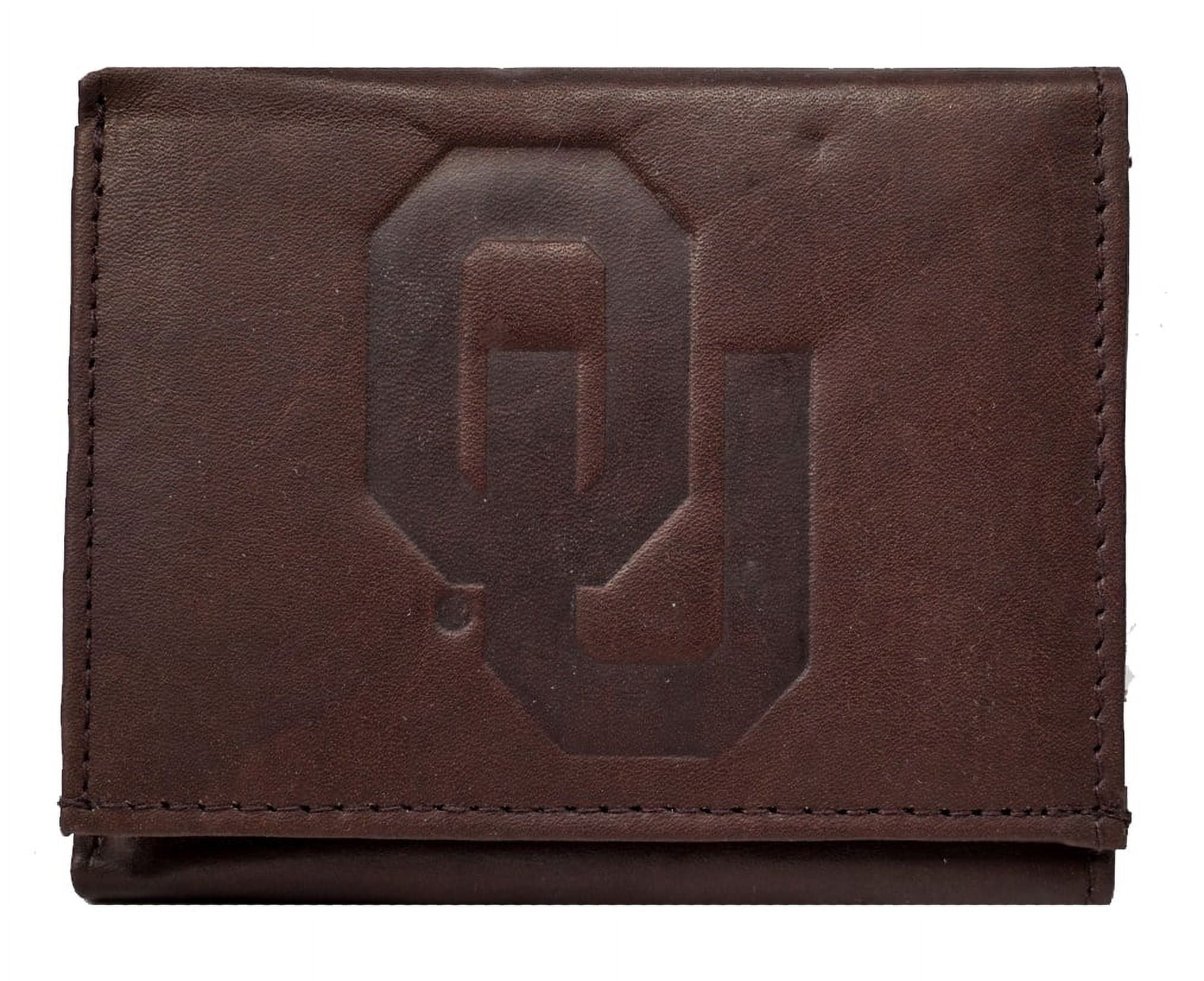 Oklahoma NCAA Sooners Embossed Trifold Wallet - Soft Dark Brown Leather ...