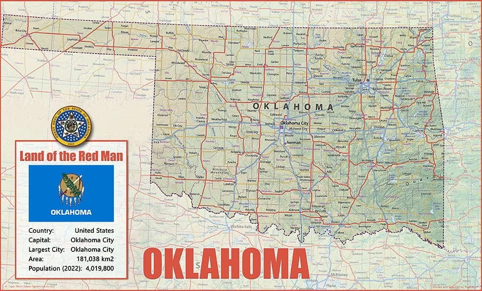 Oklahoma State Physical Map - 16.5 x 27.3 Inches - Paper Laminated ...