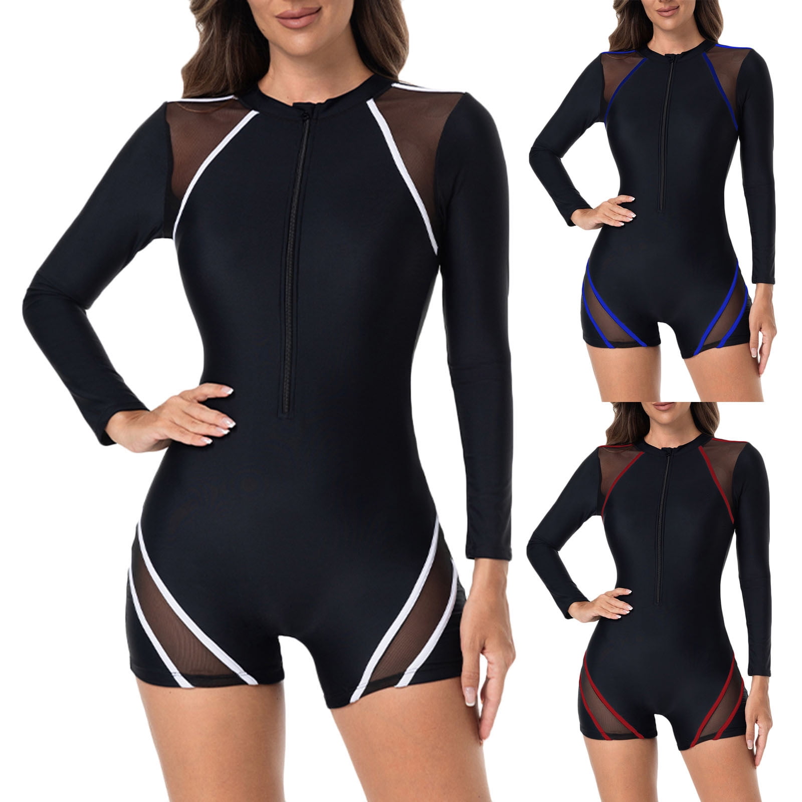 Oksale Athletic One Piece Swimsuits Women Front Zip Long Sleeve Boyleg ...