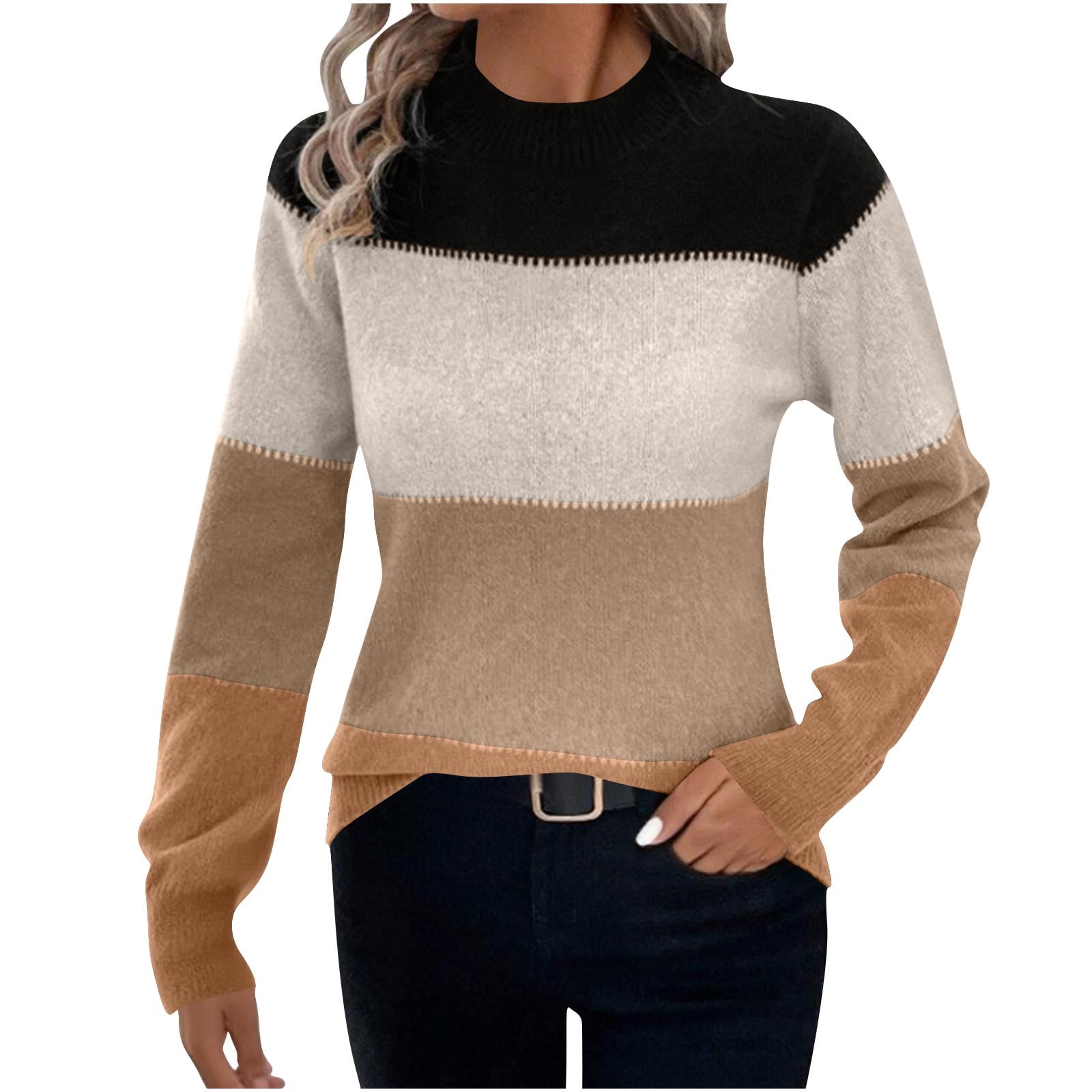 Oksale Color Block Sweaters for Women Casual Mock Neck Knit Sweater ...