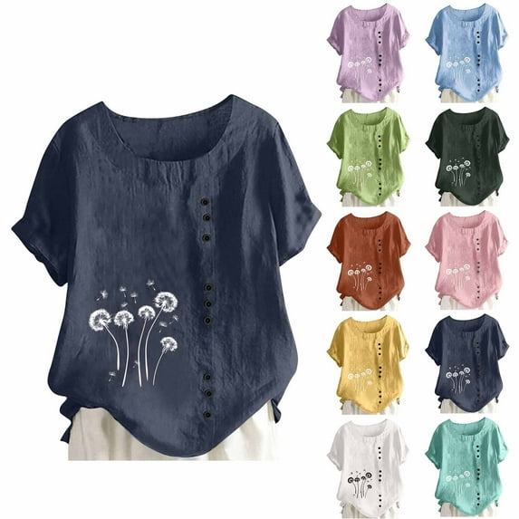 Oksale Dressy Tops for Women Summer Short Sleeve Cotton Linen T Shirts ...