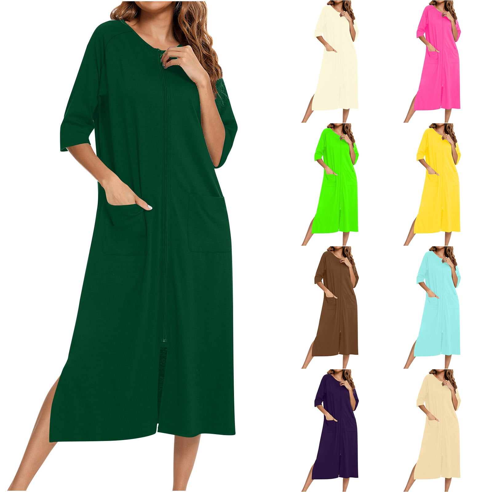 Oksale Lounge Dresses for Women with Pockets Full Zip Side Slit 3/4 ...