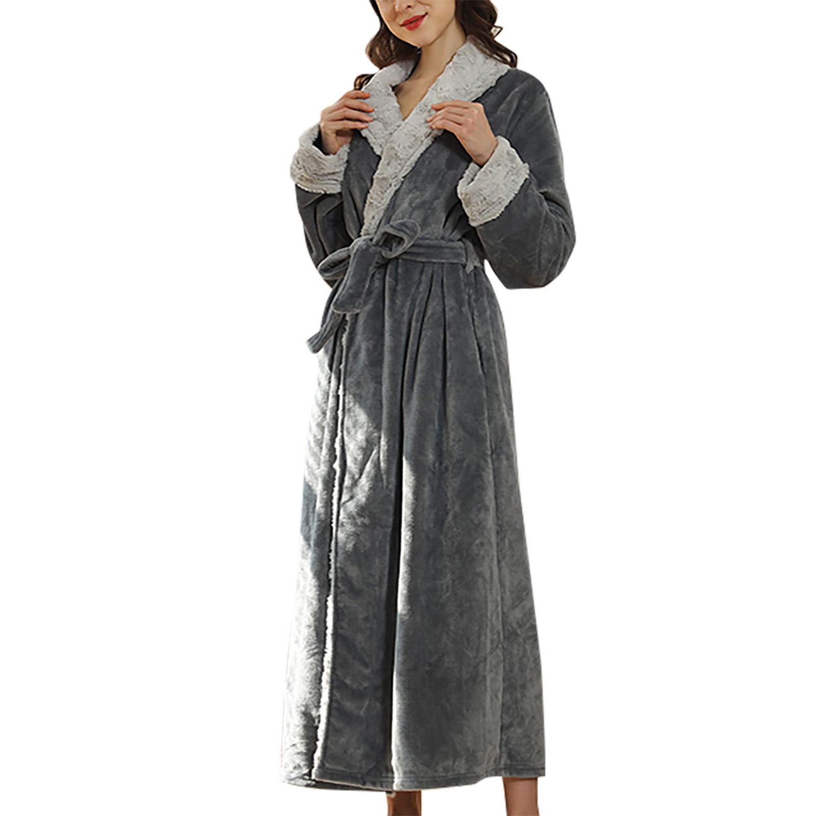 Oksale Maxi Flannel Robes for Women with Belt Trendy Shawl Collar Bath ...
