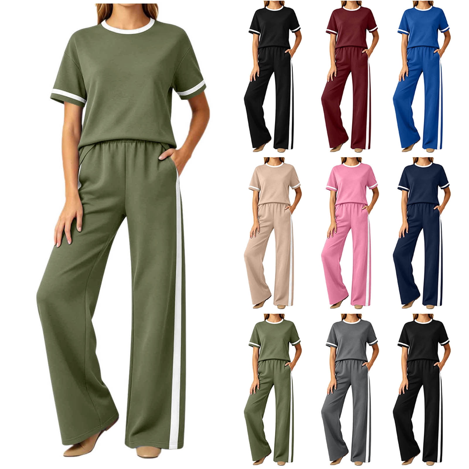 Oksale Pants Sets Women 2 Piece Outfits Petite Cozy Loose Short Sleeve ...
