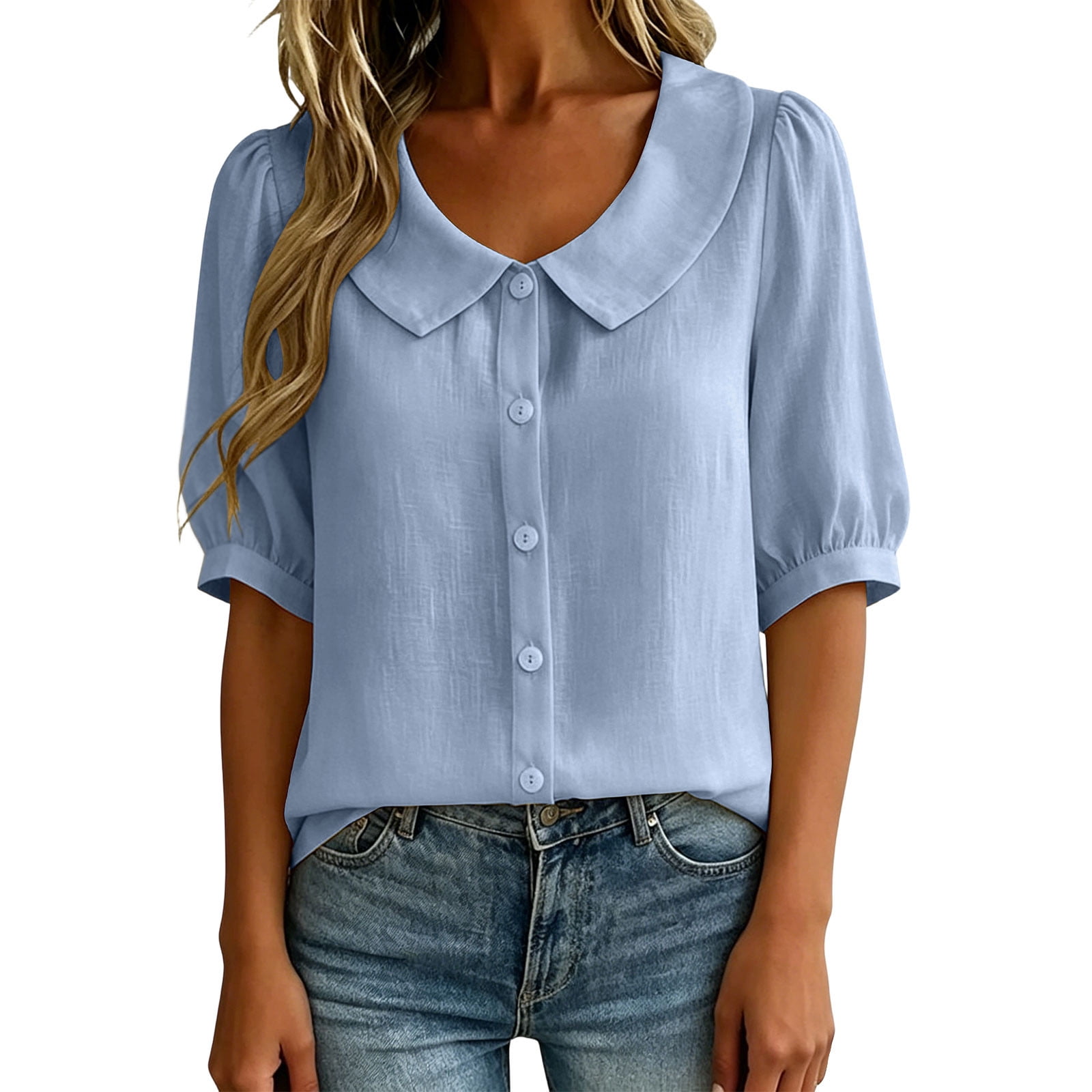 Oksale Peter Pan Collar Womens Blouses Casual Button Down Summer Shirts ...