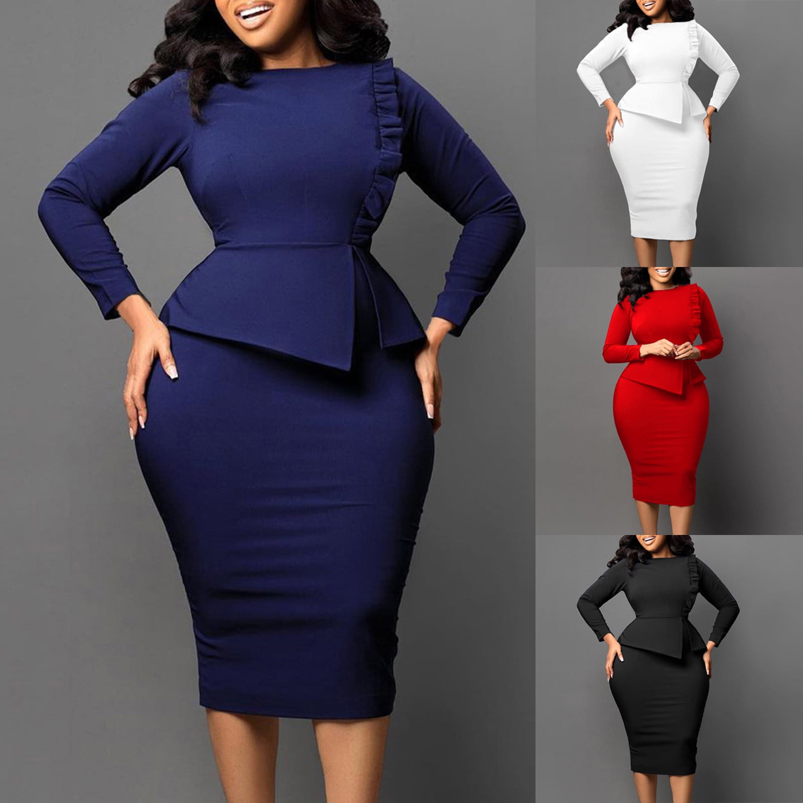 Oksale Plus Size Peplum Dress for Women Trendy Slim Fit Ruffle Dresses ...