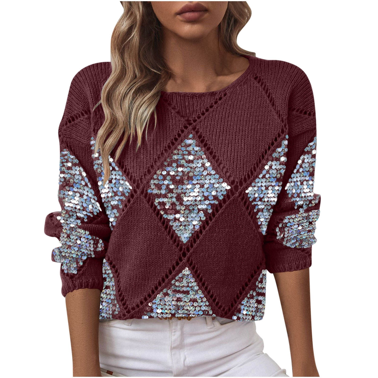 Oksale Sparkly Sequins Tops for Women Trendy Hollow Out Crewneck ...
