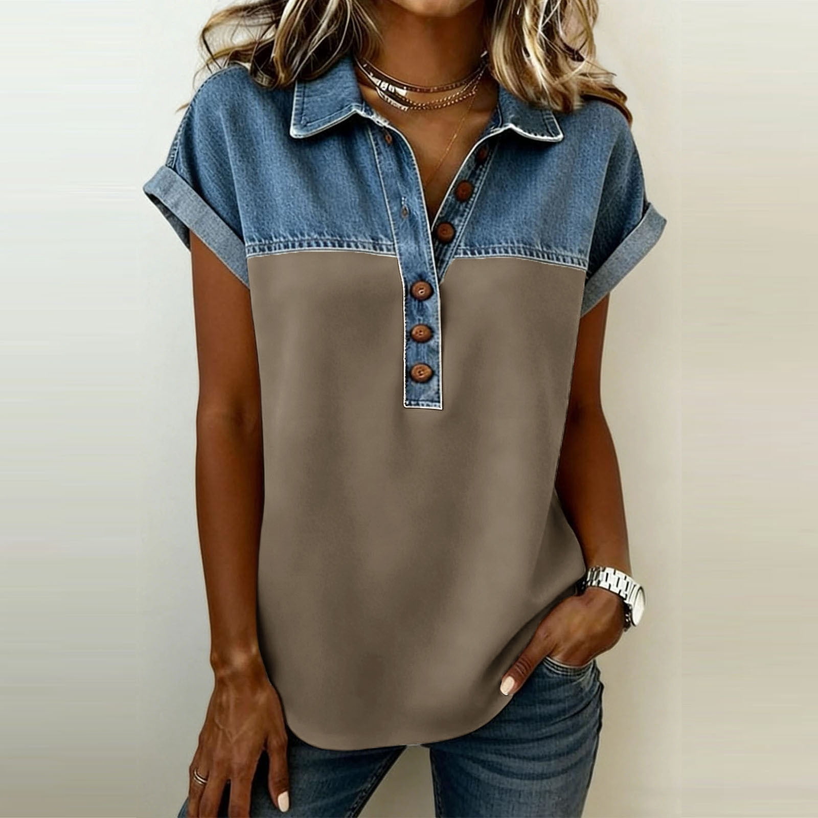 Oksale Vintage Shirts for Women Denim Patchwork Button Lapel Summer ...