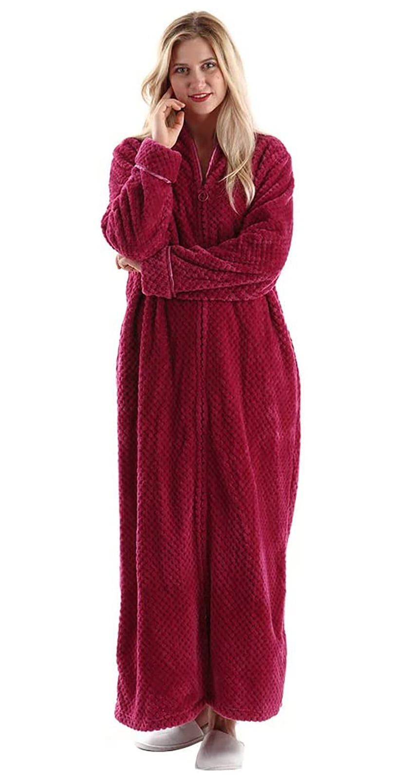 Oksun Women's Full Length Zipper Fuzzy Plush Fleece Warm Bathrobe, Rose ...