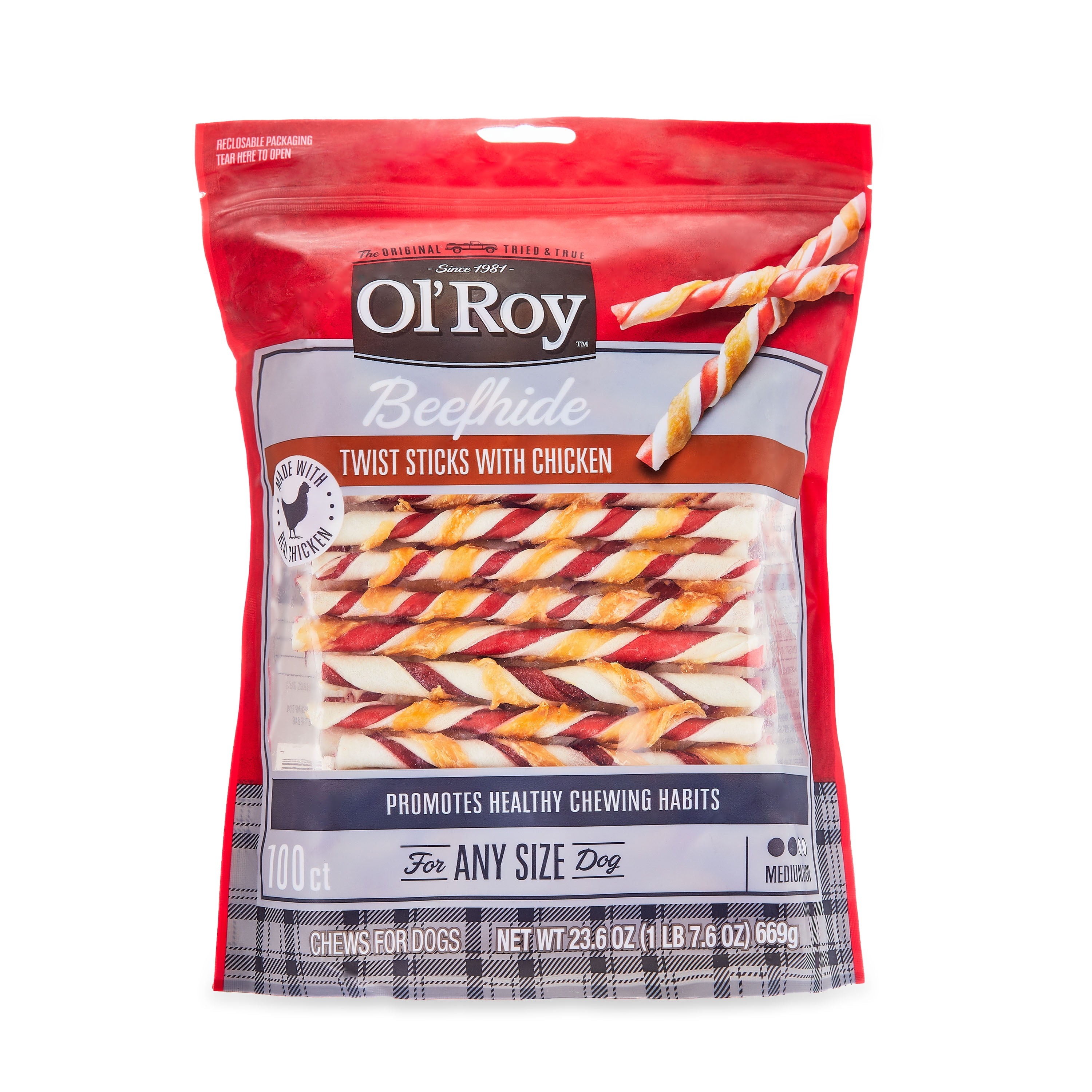 Ol' Roy Beefhide Twist Sticks with Chicken 23.6 oz 100 Count for Dogs ...