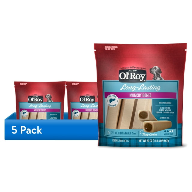 (5 pack) Ol' Roy Munchy Bone, Liver Flavor, Dog Chew Treats, Rawhide ...