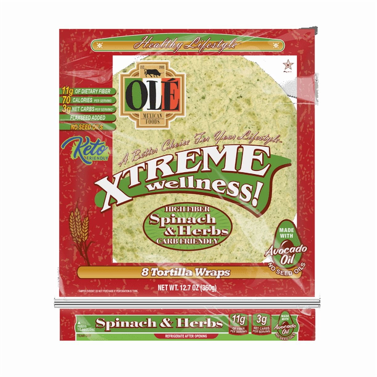 Olé Xtreme Wellness High Fiber Spinach & Herbs Tortilla Wraps, 12.7 oz ...
