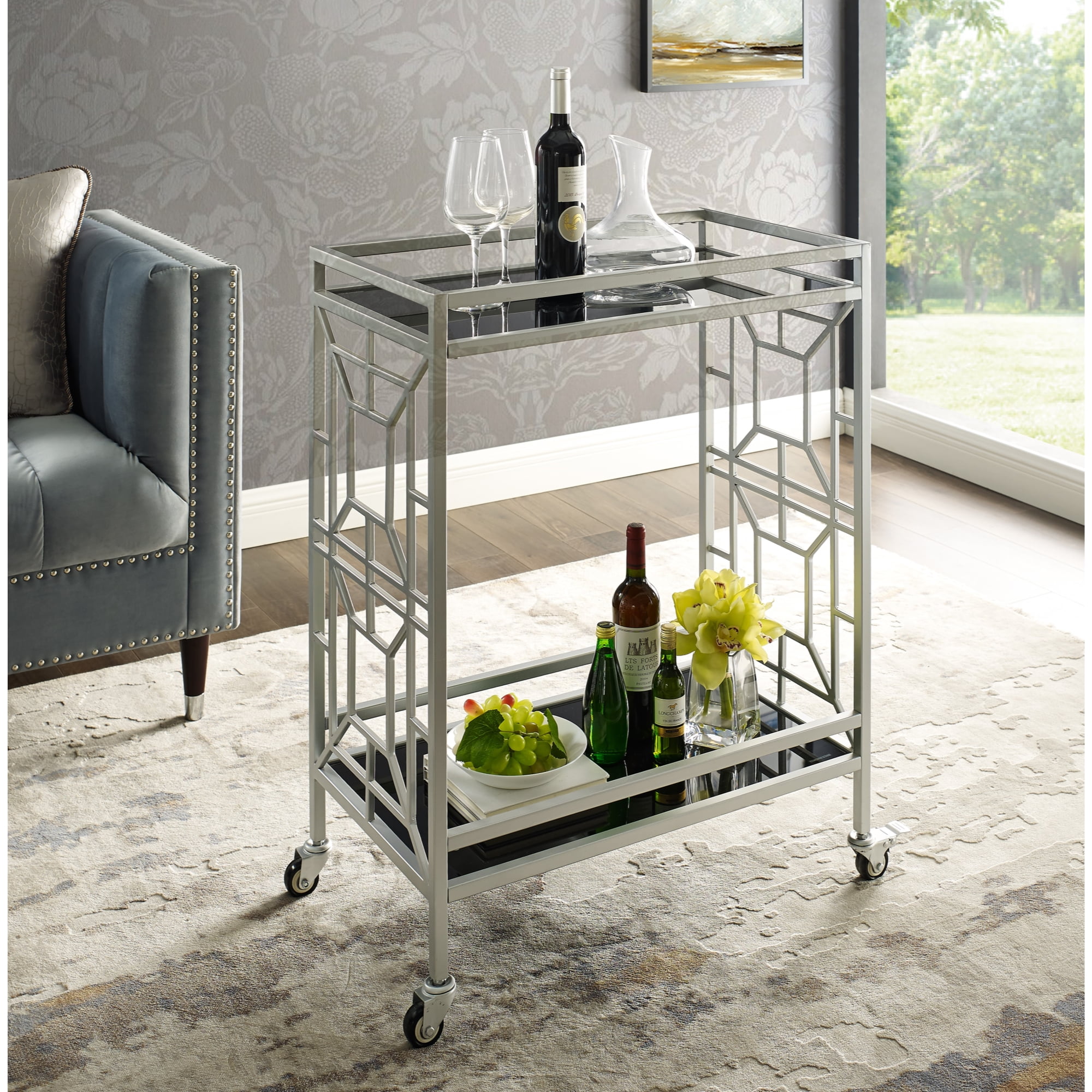 Ola Silver/Black Bar Cart - Open Wine Bottle and Stemware Storage, 2 ...