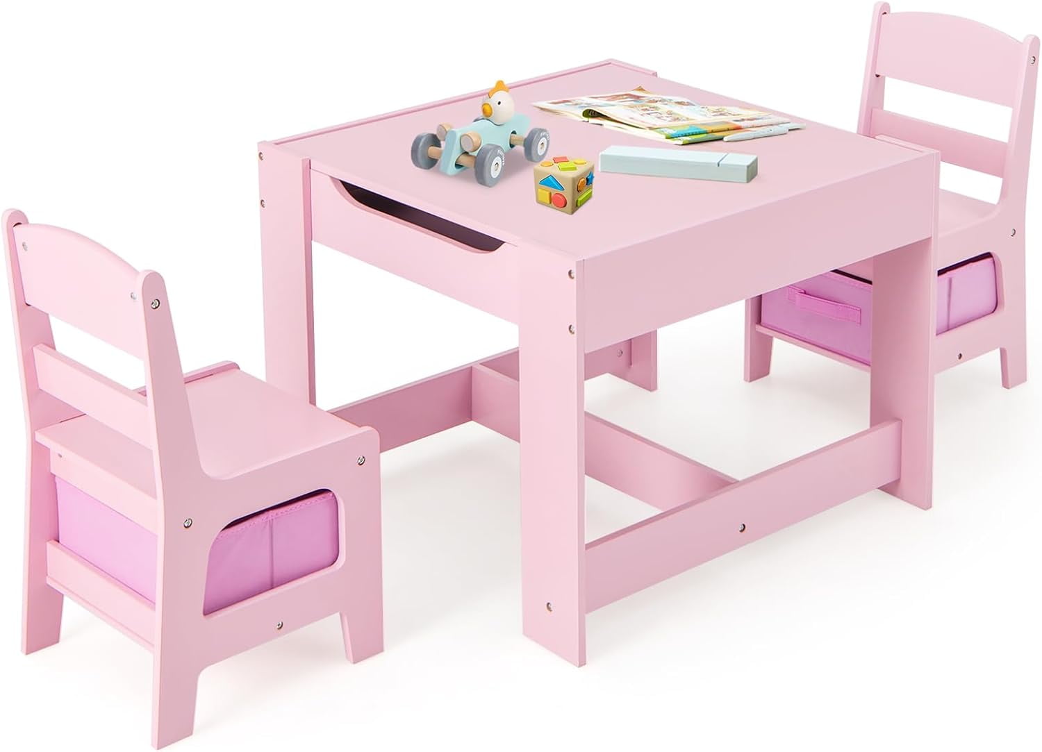 Olakids Kids Table and Chair Set, 3 in 1 Wood Children Desk Set with ...