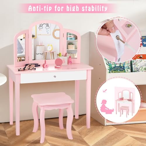 Olakids Kids Vanity Set, 2 in 1 Wooden Princess Makeup Table and Chair ...
