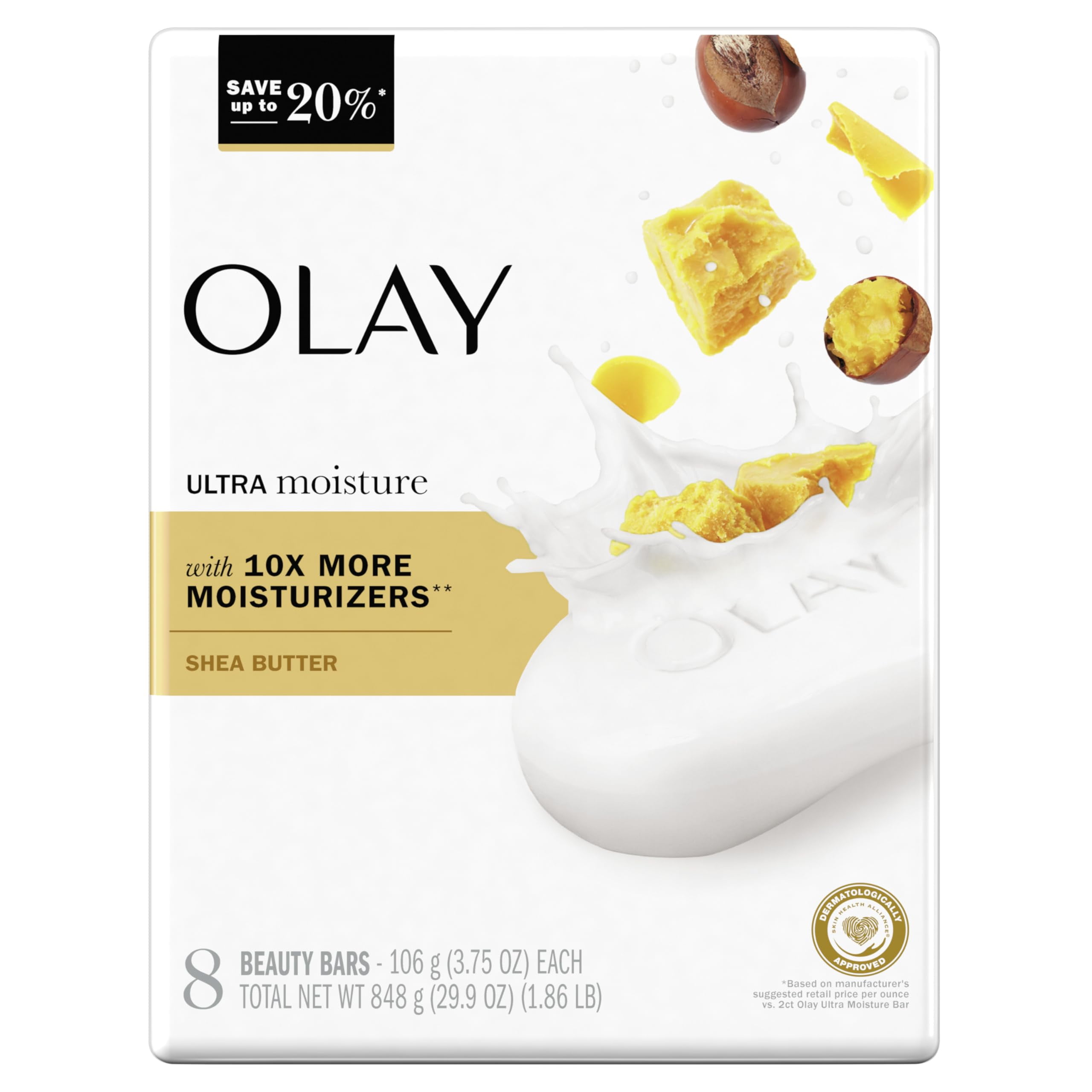 Olay Moisture Outlast Ultra Moisture Shea Butter Beauty Bar with Vitamin B3 Complex 3.75 oz, 8 ...