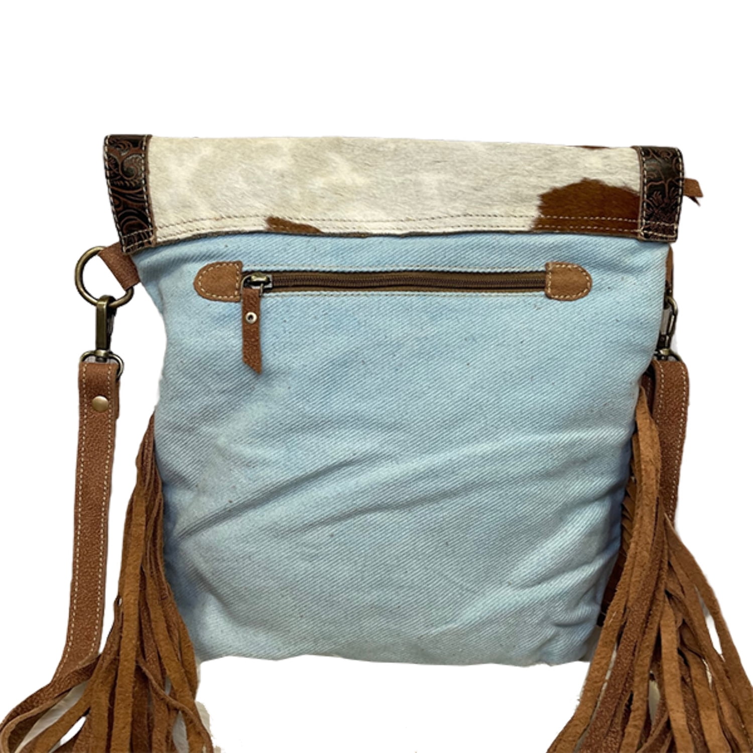 Olay Rug Woven Aztec Print Cowhide Fringe Light Blue Crossbody Bag ...