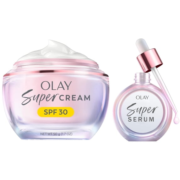 Olay Super Serum and Super Cream with Sunscreen SPF 30 Bundle, 5-in-1 ...