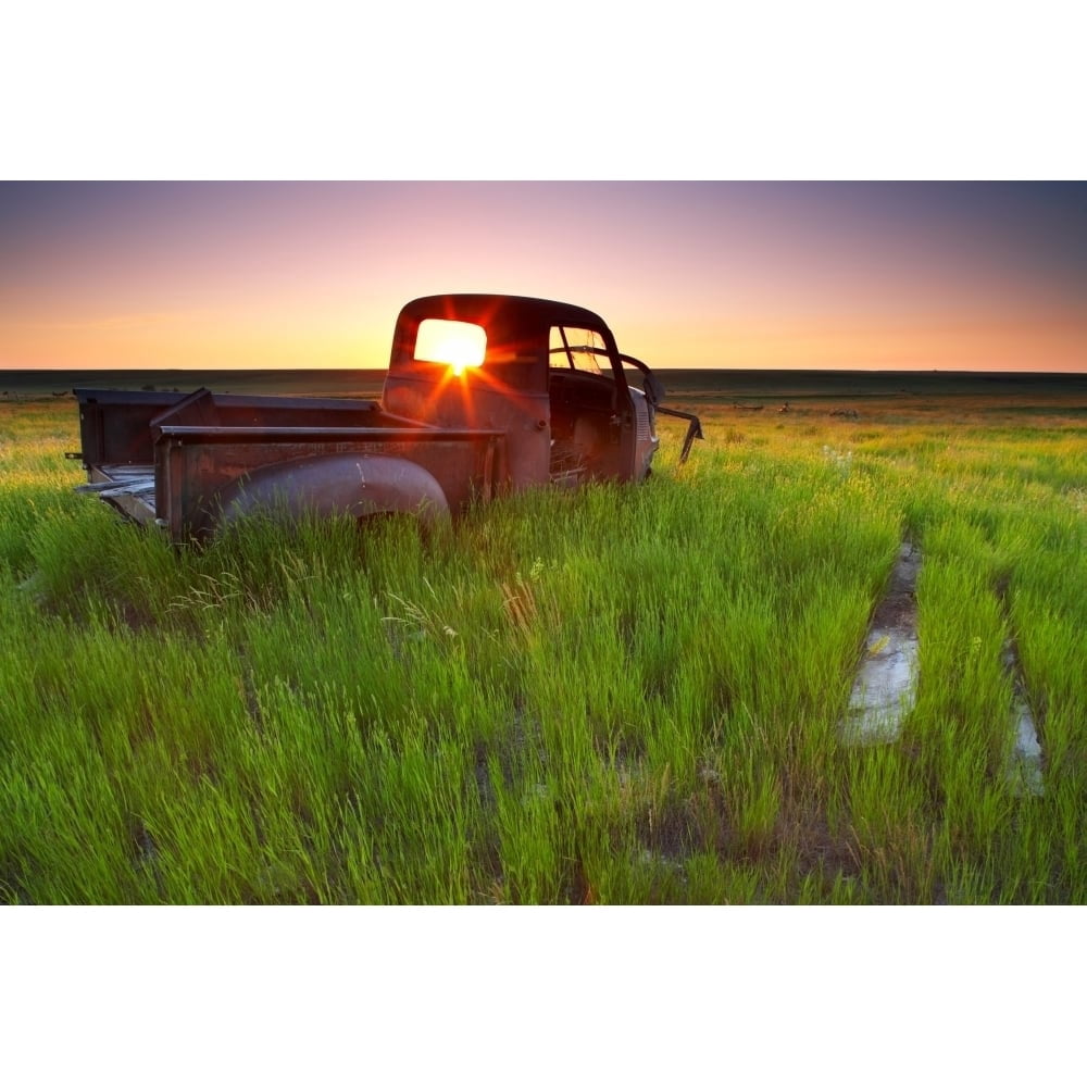 Old Abandoned Pick-Up Truck Sitting In A Field At Sunset Southwestern ...