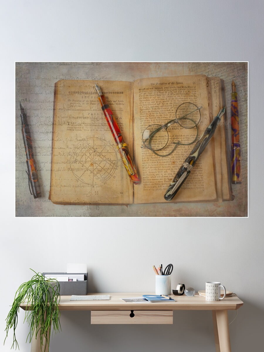 Old Book And Fountain Pens Poster Wall Art, Modern Wall Decor For ...
