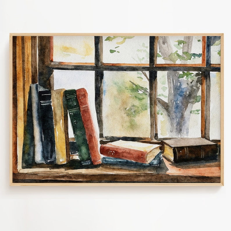 Old Books Poster Books On Windowsill Artwork Farmhouse Wall Decor Home ...