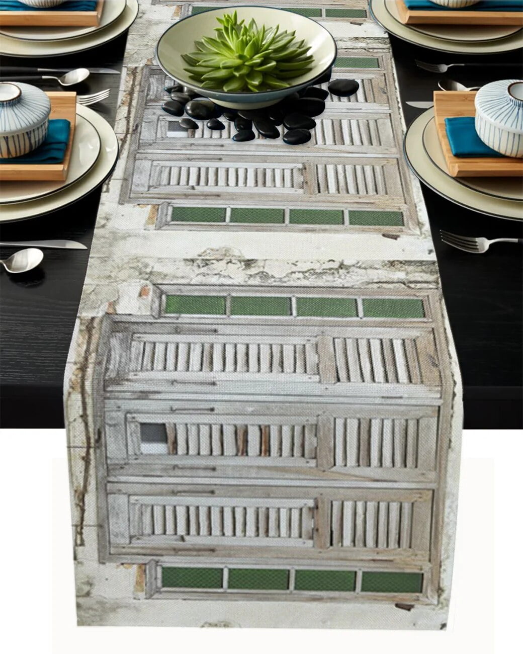 Old Brick Wall Wooden Planks Window Retro Table Runner Wedding Party r ...