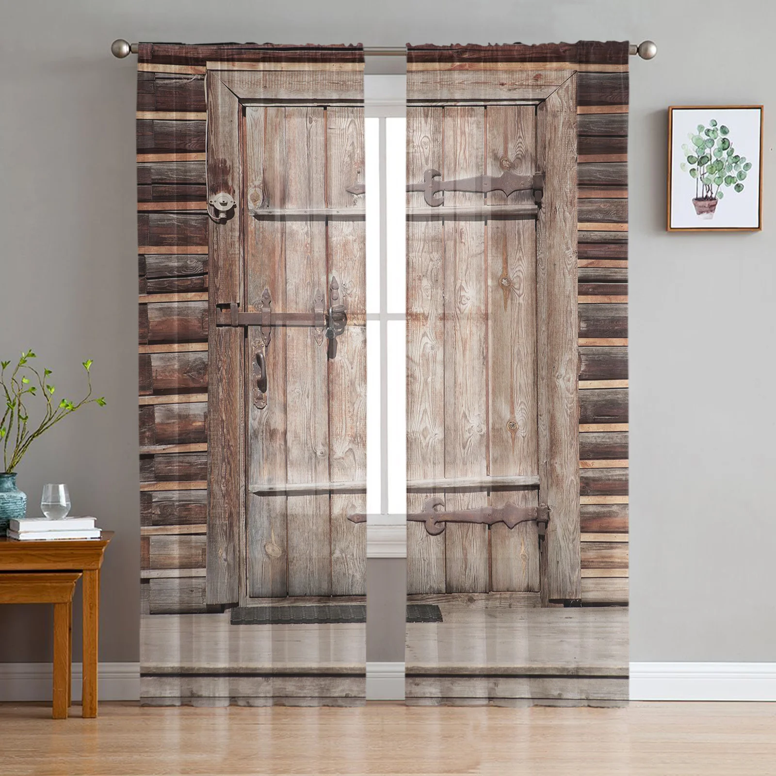 Old Brick Wall Wooden Planks Window Retro Tulle Sheer Curtains for ...