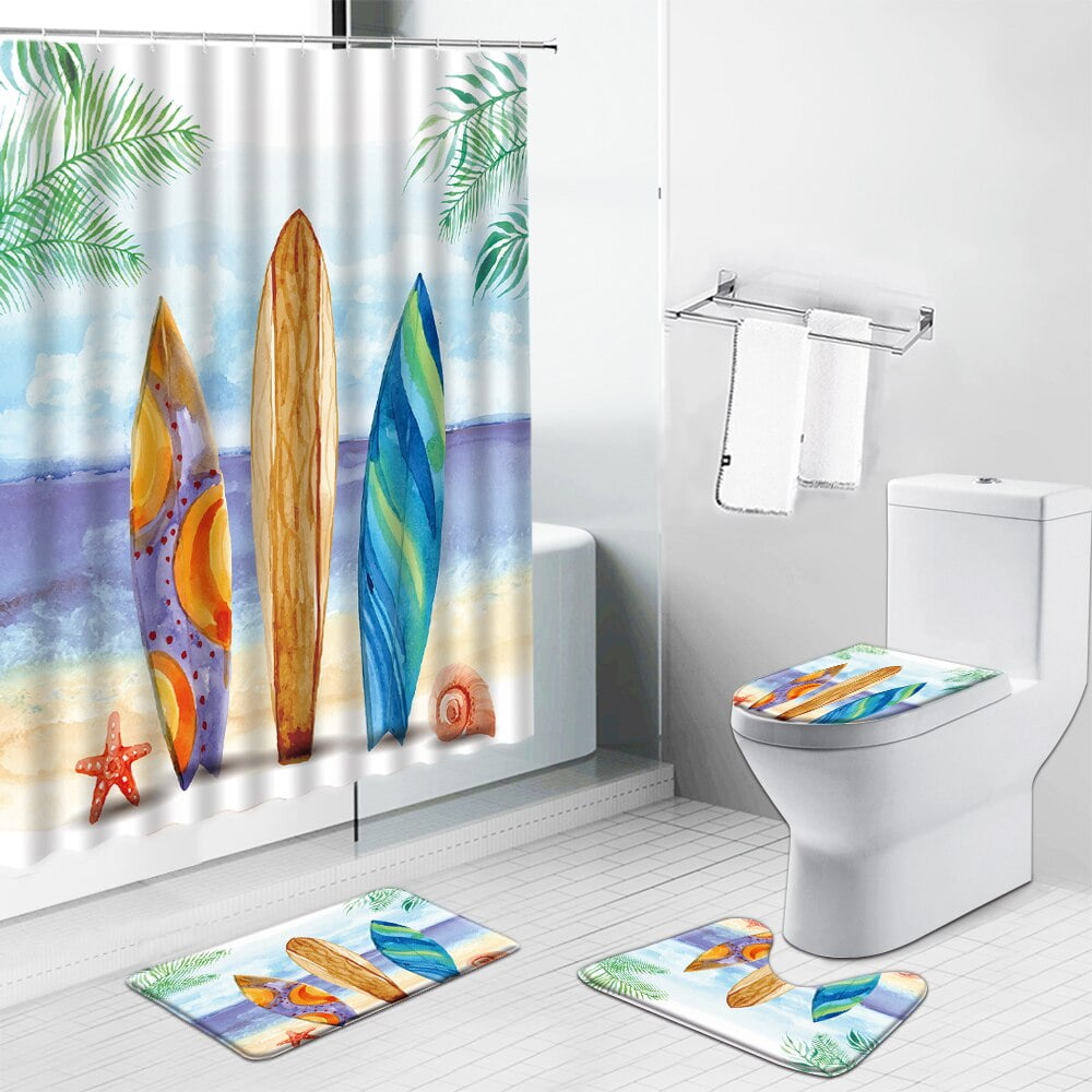 Old Bus Surfboard Retro Landscape Shower Curtain Set Ocean Beach ...
