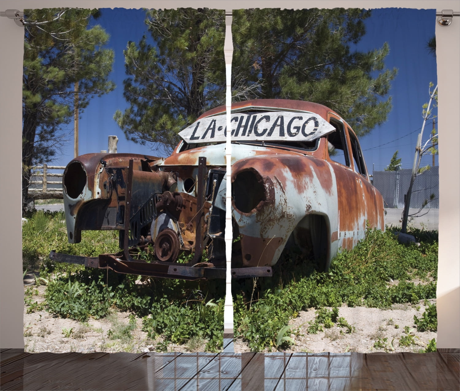 Ambesonne Rustic Curtains 2 Panel Set, Old Abandoned Car USA, 108" x 90 ...