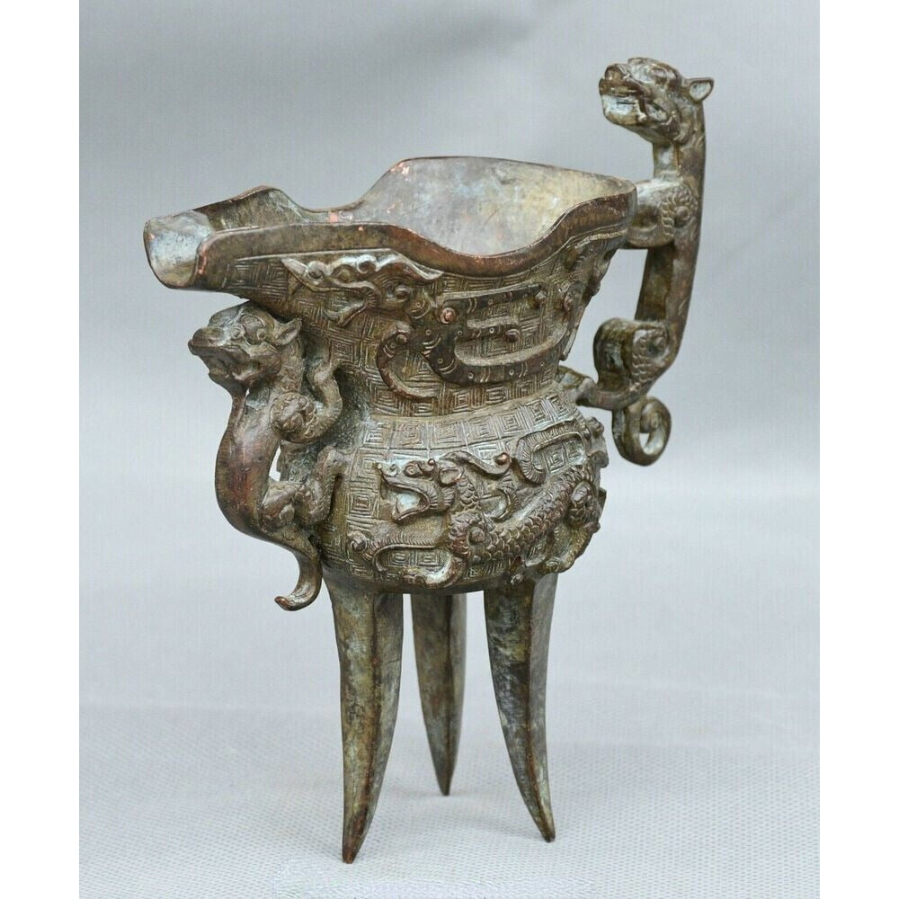 Old Dynasty Bronze Pixiu Phylactery Beast 3-Leg Wine Container Mug ...