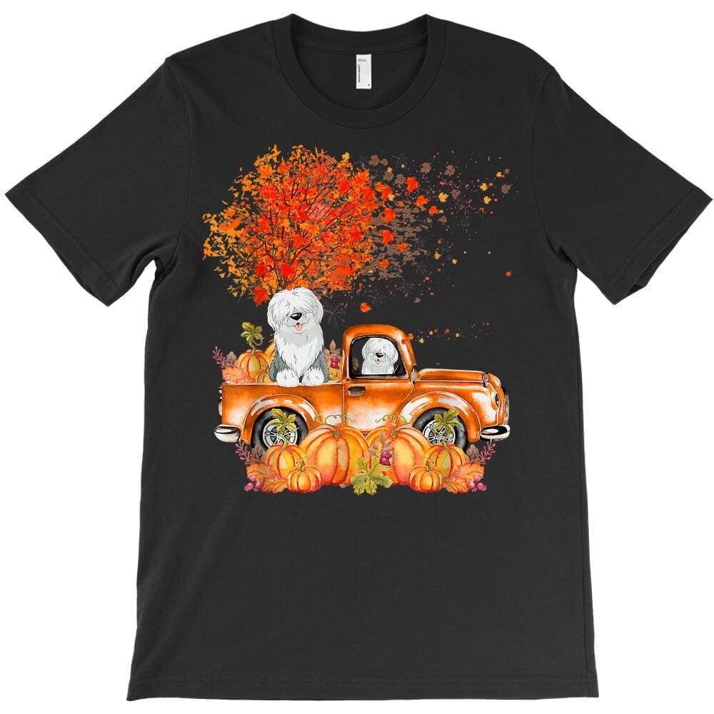 Old English Sheepdog Riding Truck Pumpkin Autumn Leaves Fall Themed ...