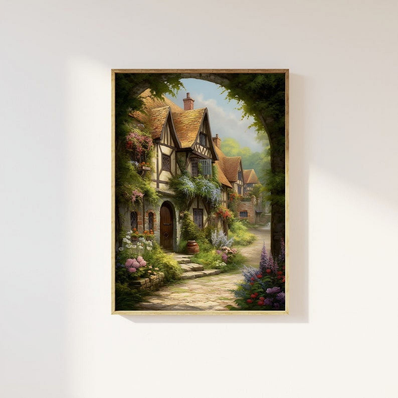 Old English cottages in village scene art print | old romantic ...