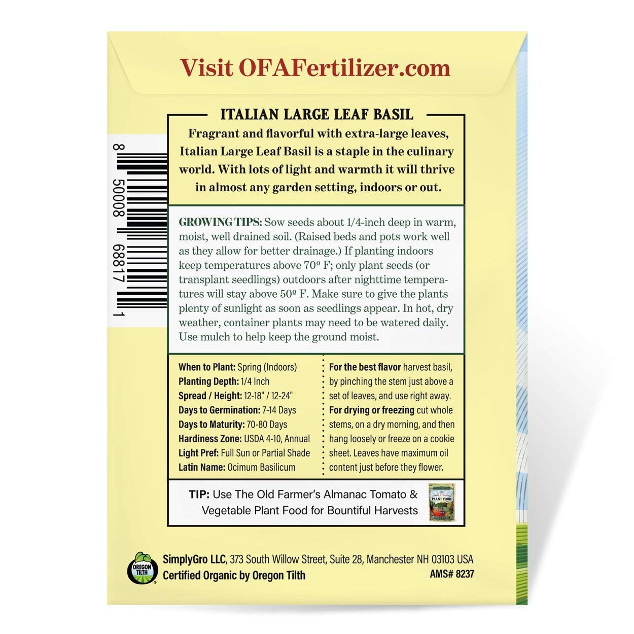 The Old Farmer's FEV6 Almanac Organic Basil Seeds (Italian Large Leaf) - Approx 450 Seeds ...