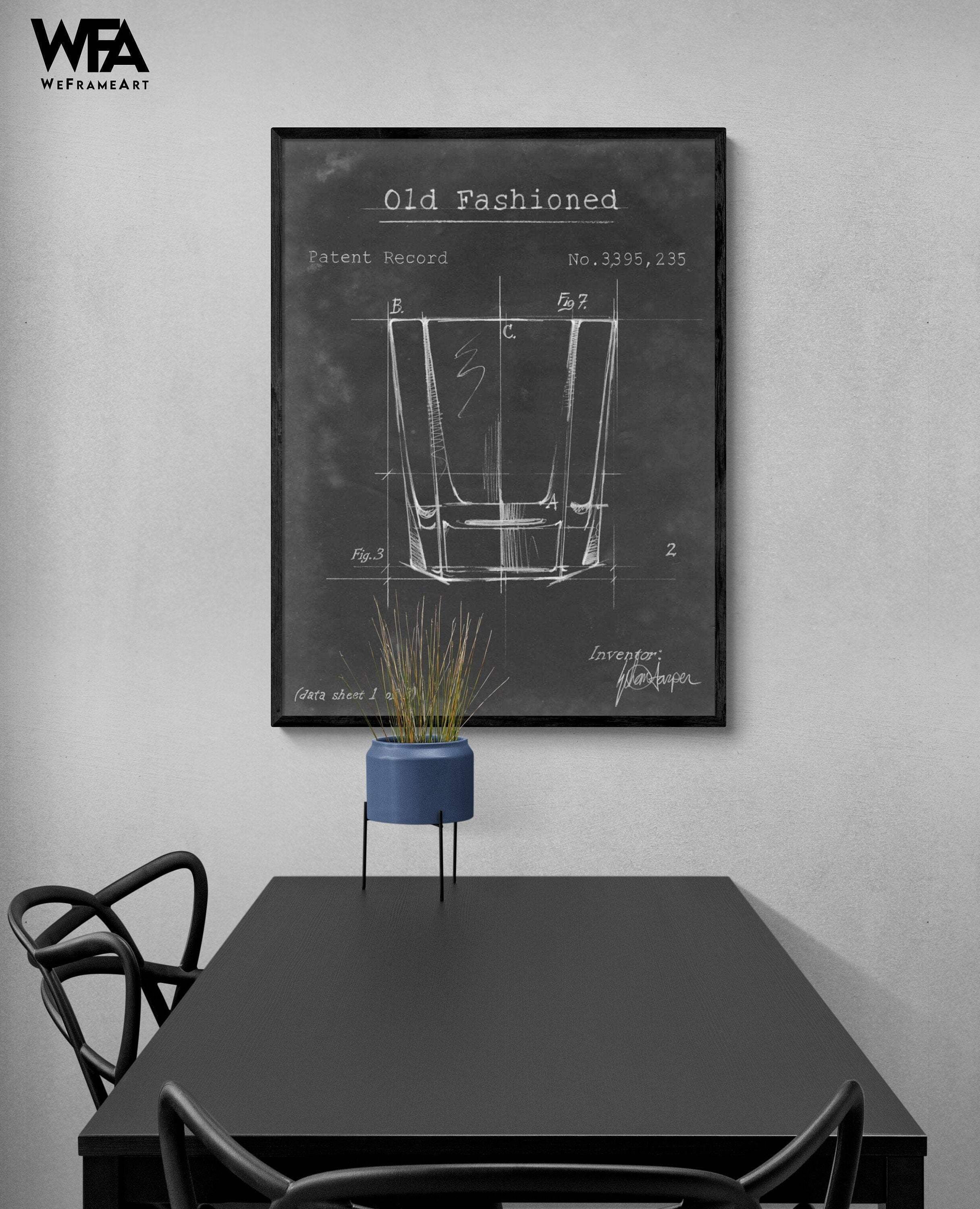 Old Fashioned Glass, Framed Glass Blueprint, Happy Hour Wall Art, Bar ...