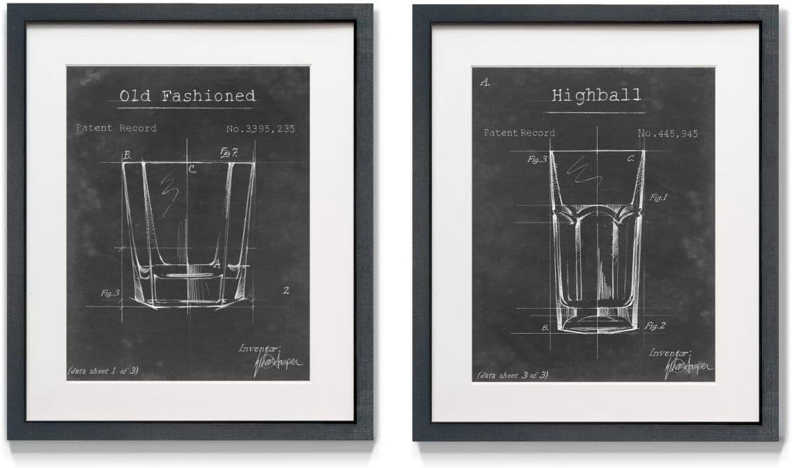 Old Fashioned and Highball Blueprint 2-Piece Framed Artwork Set, Bar ...