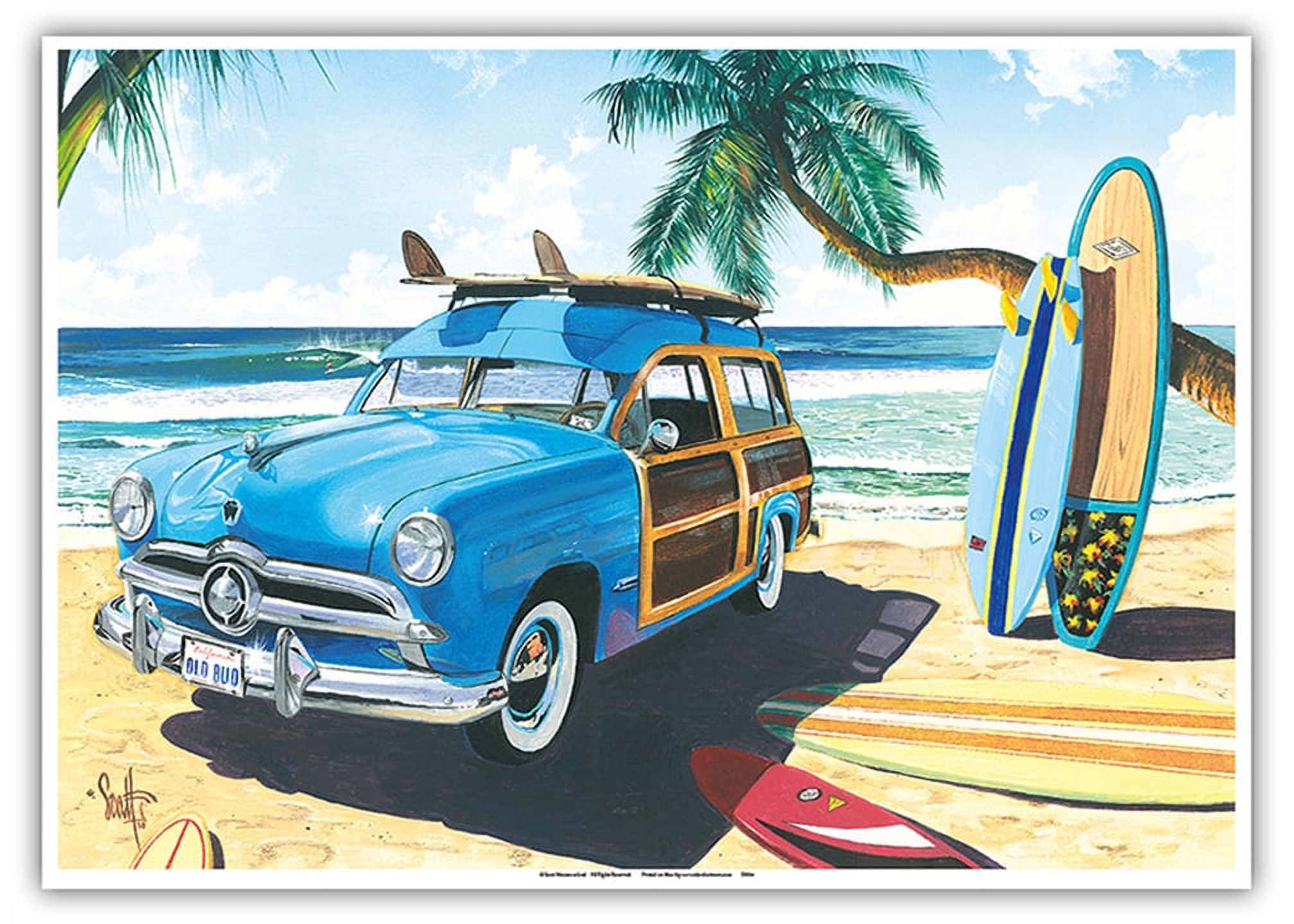 Old Friends - Retro Woodie on Beach with Surfboards - From an Original ...