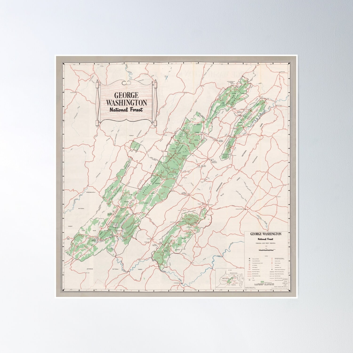 Old George Washington National Forest Map (1964) Vintage Wva & Va ...