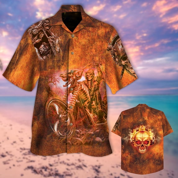 Old Grunge Biker Skull Sublimation On Hawaii Aloha Shirst, Skeleton ...