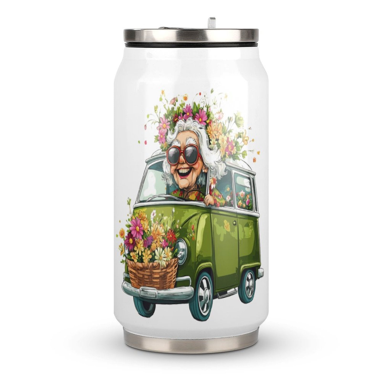 Old Hippie Woman And Flower Bus Coffee Tavel Tumblers with Lid and ...