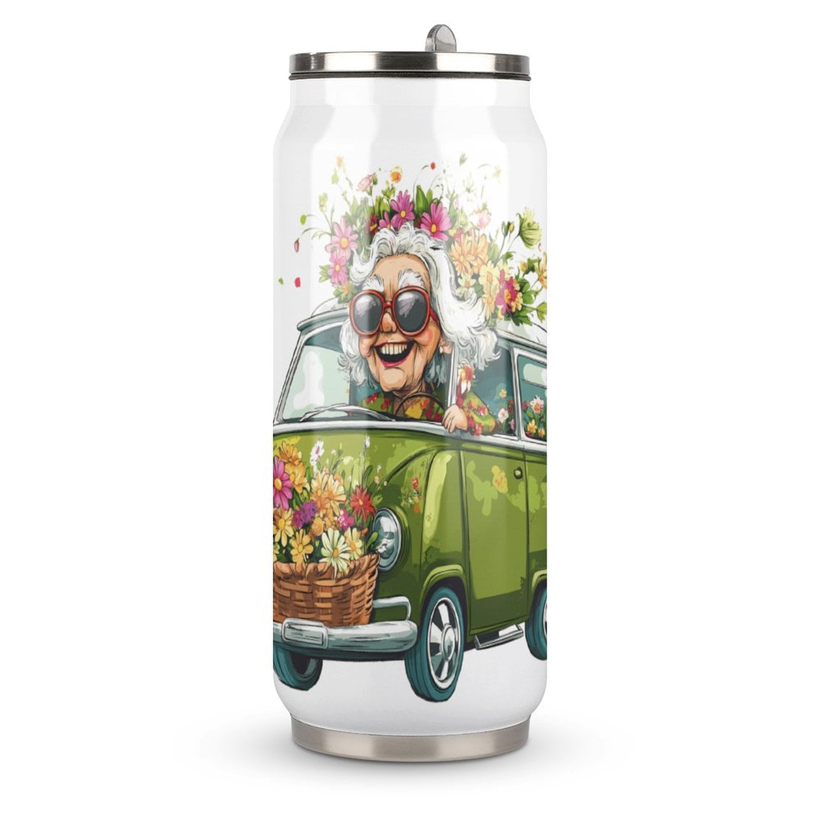 Old Hippie Woman And Flower Bus Coffee Tavel Tumblers with Lid and ...