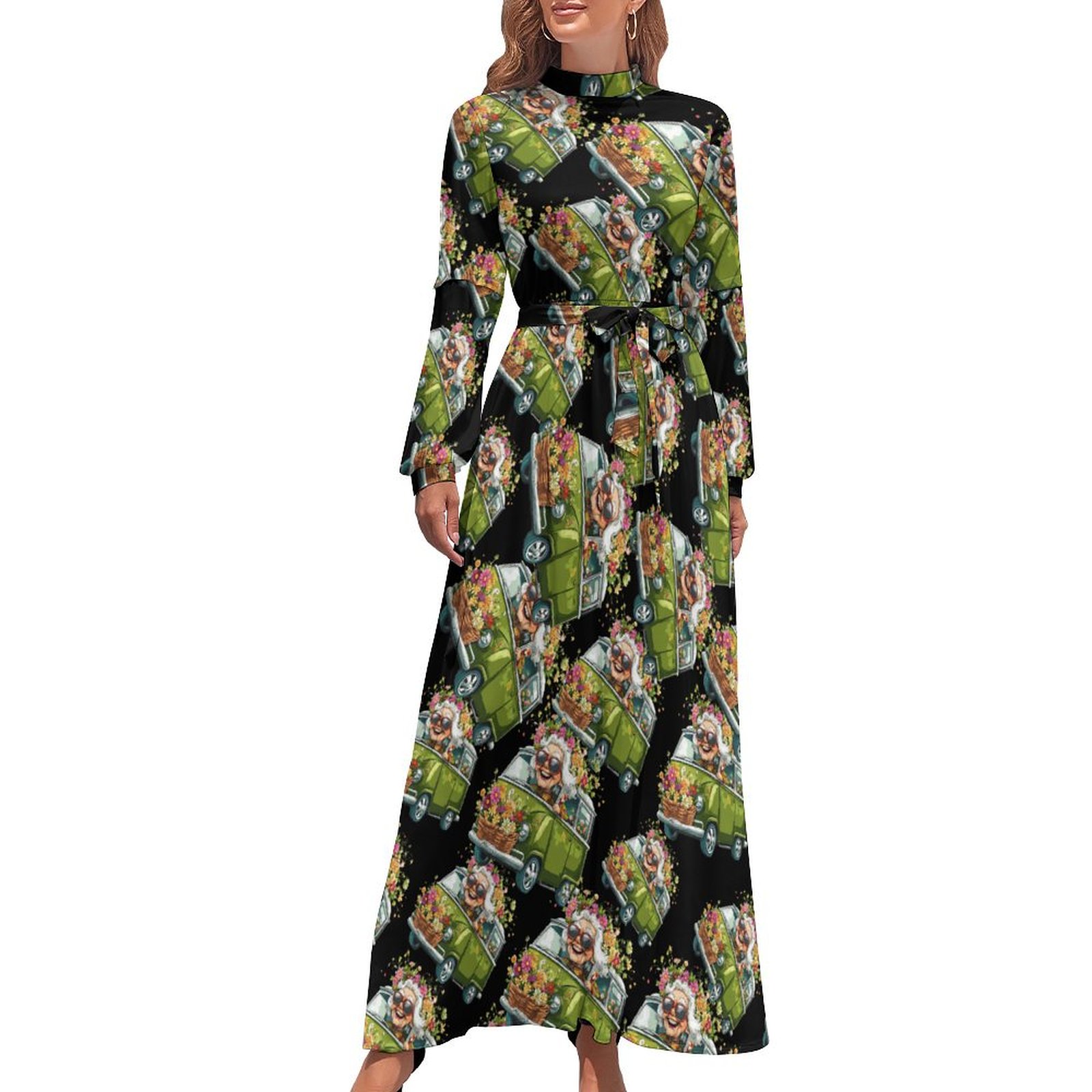 Old Hippie Woman And Flower Bus Women's Fall Maxi Dress Long Sleeve ...
