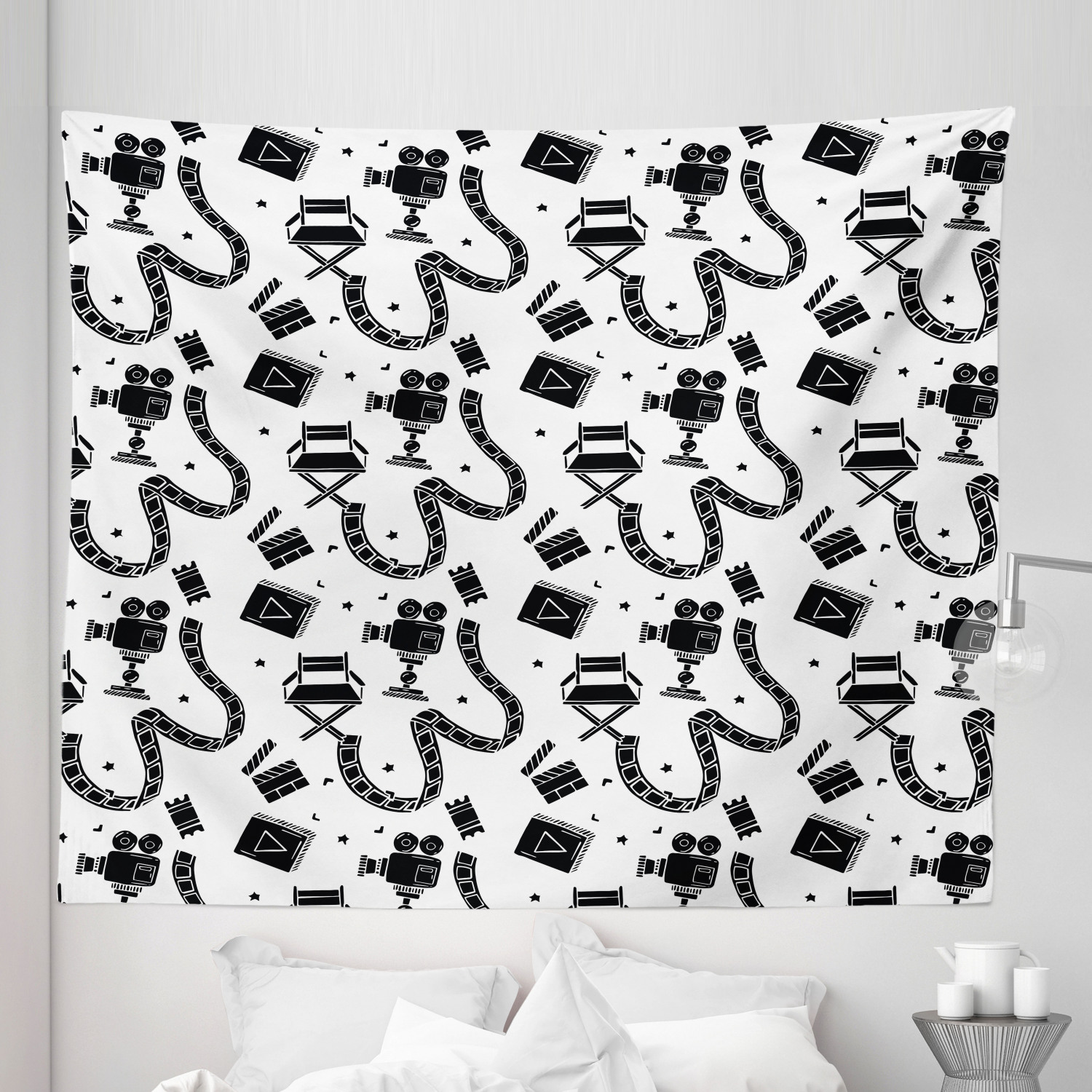 Old Hollywood Tapestry, Cartoon Style Doodle Movie Cinema Elements and ...