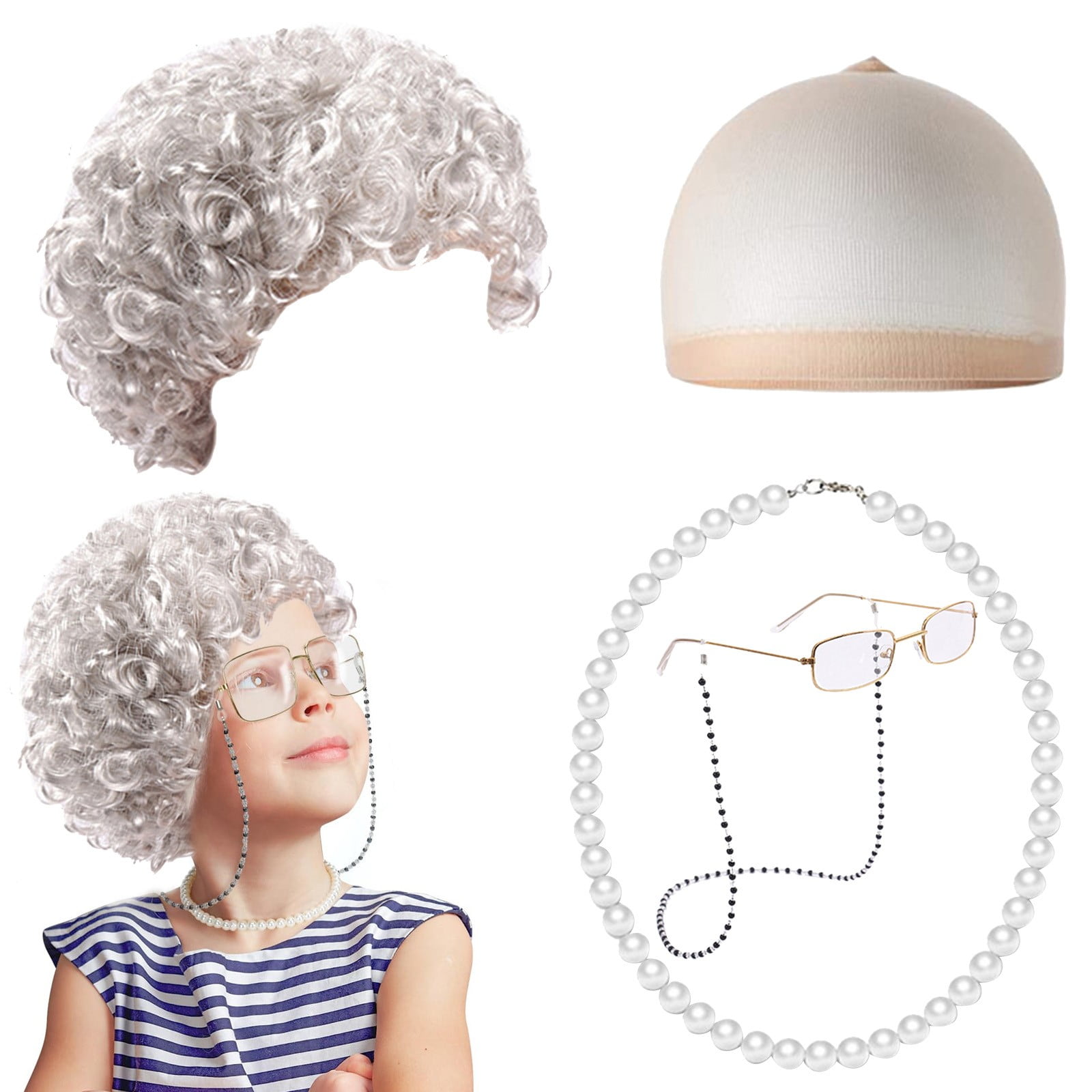 Old Lady Costume Wig - Transparent, 100th Day Cosplay Set, Bun Style ...