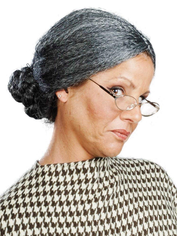 Old Lady Psycho color MIXED GREY - Enigma Wigs Mom Pulled Back Bun Spinster Women Bundle MaxWigs ...
