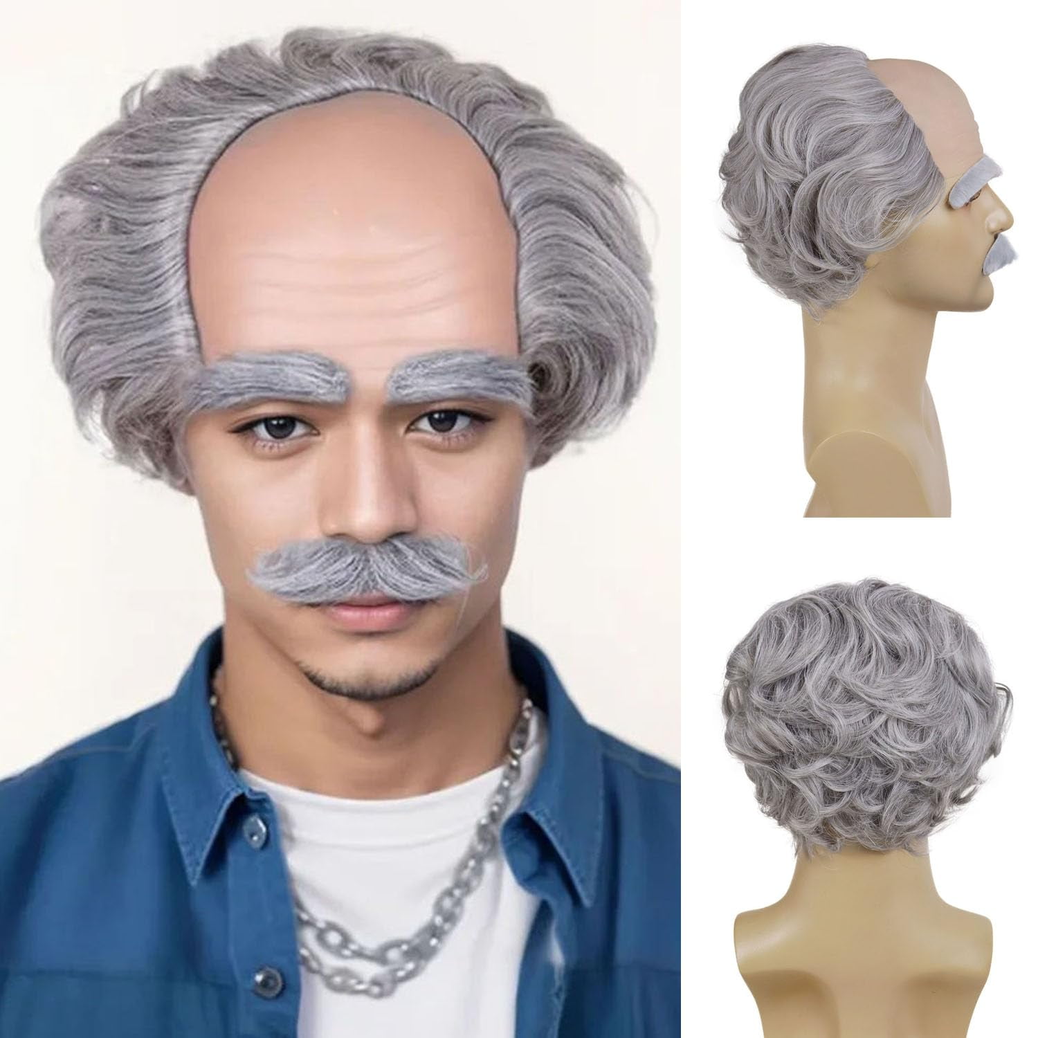 Old Man Wigs Bald Cap Silver Grey Wig Grandpa with Mustache and ...