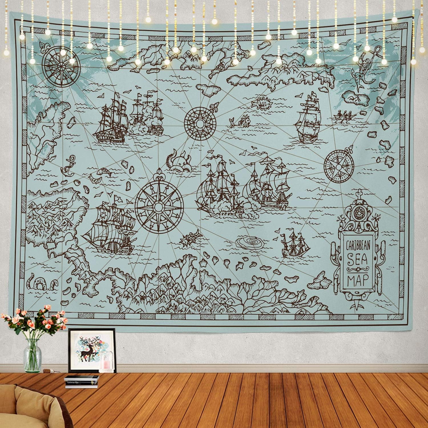 Old Map of the Caribbean Sea Tapestry Wall Hanging for Kids Student ...