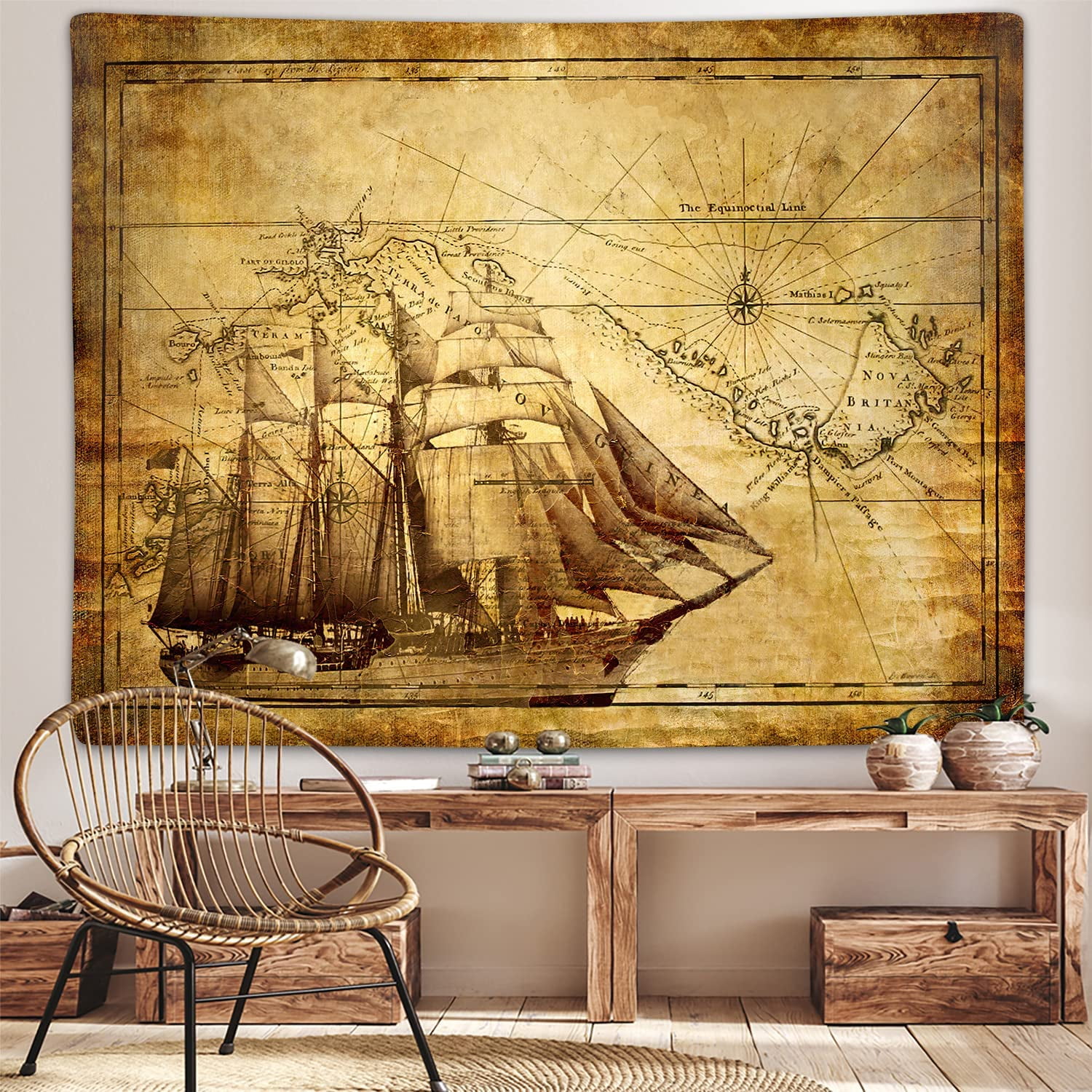 Old Map Tapestry, Vintage Nautical Pirate Treasure World Map Art ...