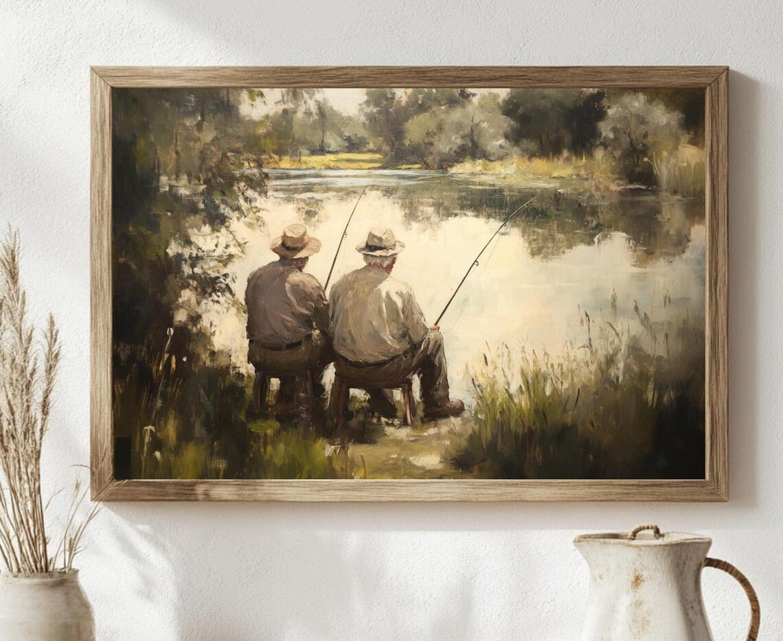 Old Men Fishing Artwork Beautiful Vintage Style Brother Just, Stretched ...