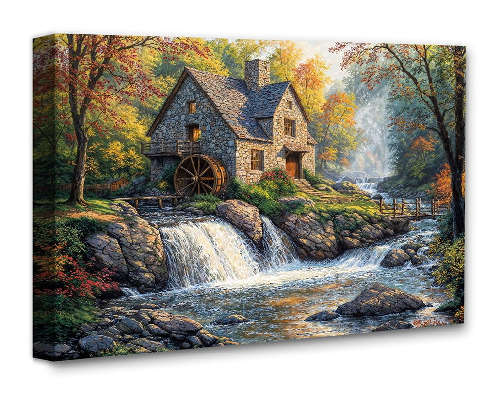 The Old Mill Rustic Watermill Autumn Painting 16x20 Stretched Canvas ...